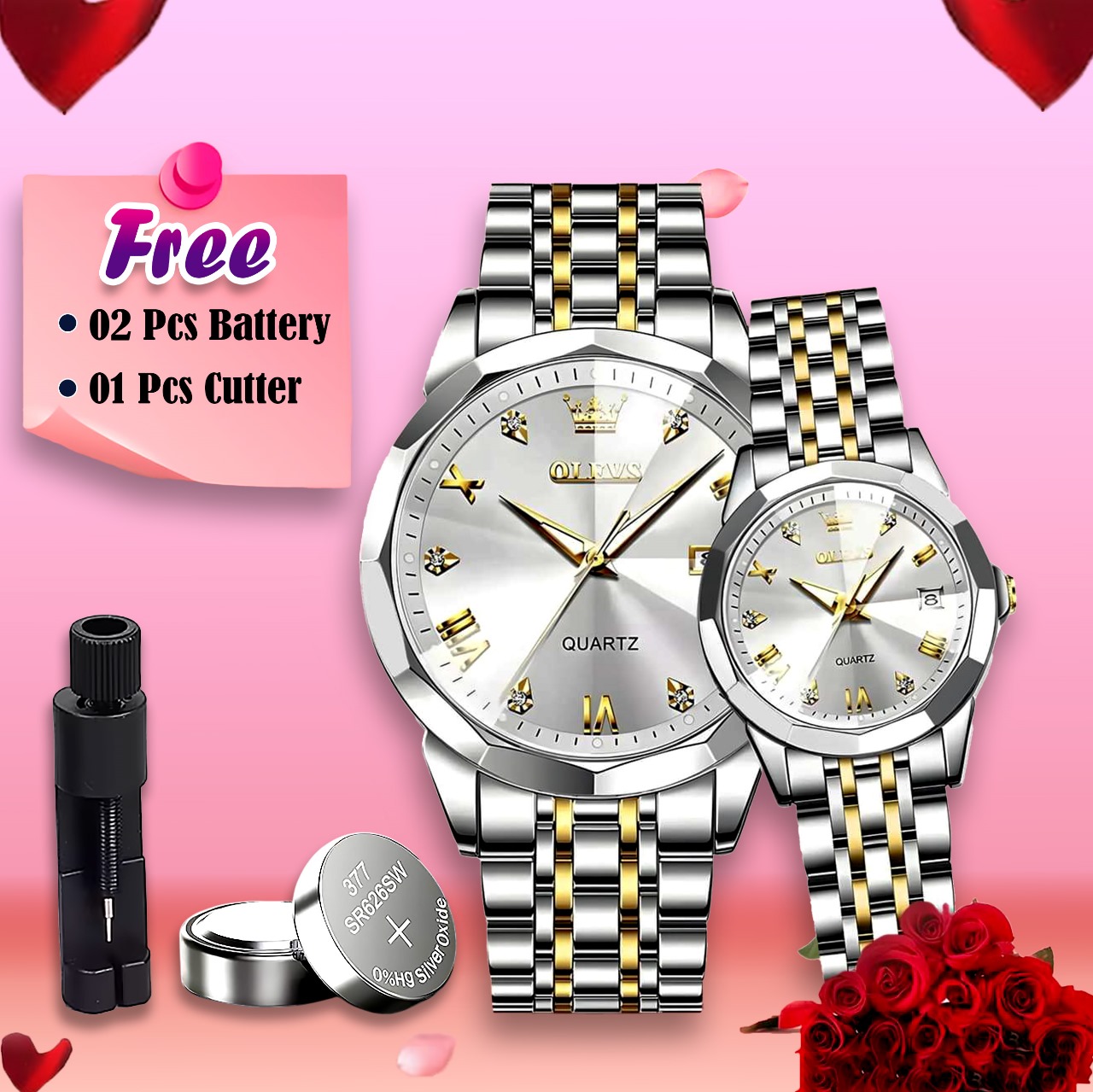 Olevs Stainless Steel fashionable Couple watches Silver || 6331